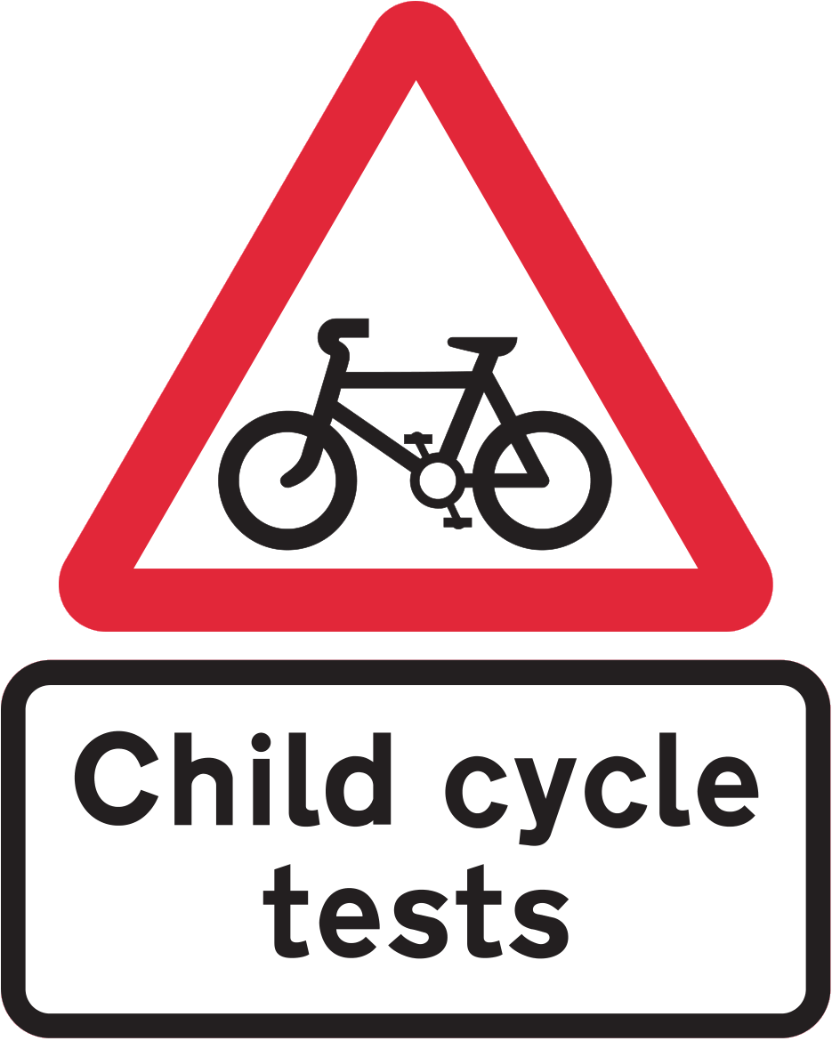 Pedal cycle route with child cycle tests ahead sign - UK Road Sign