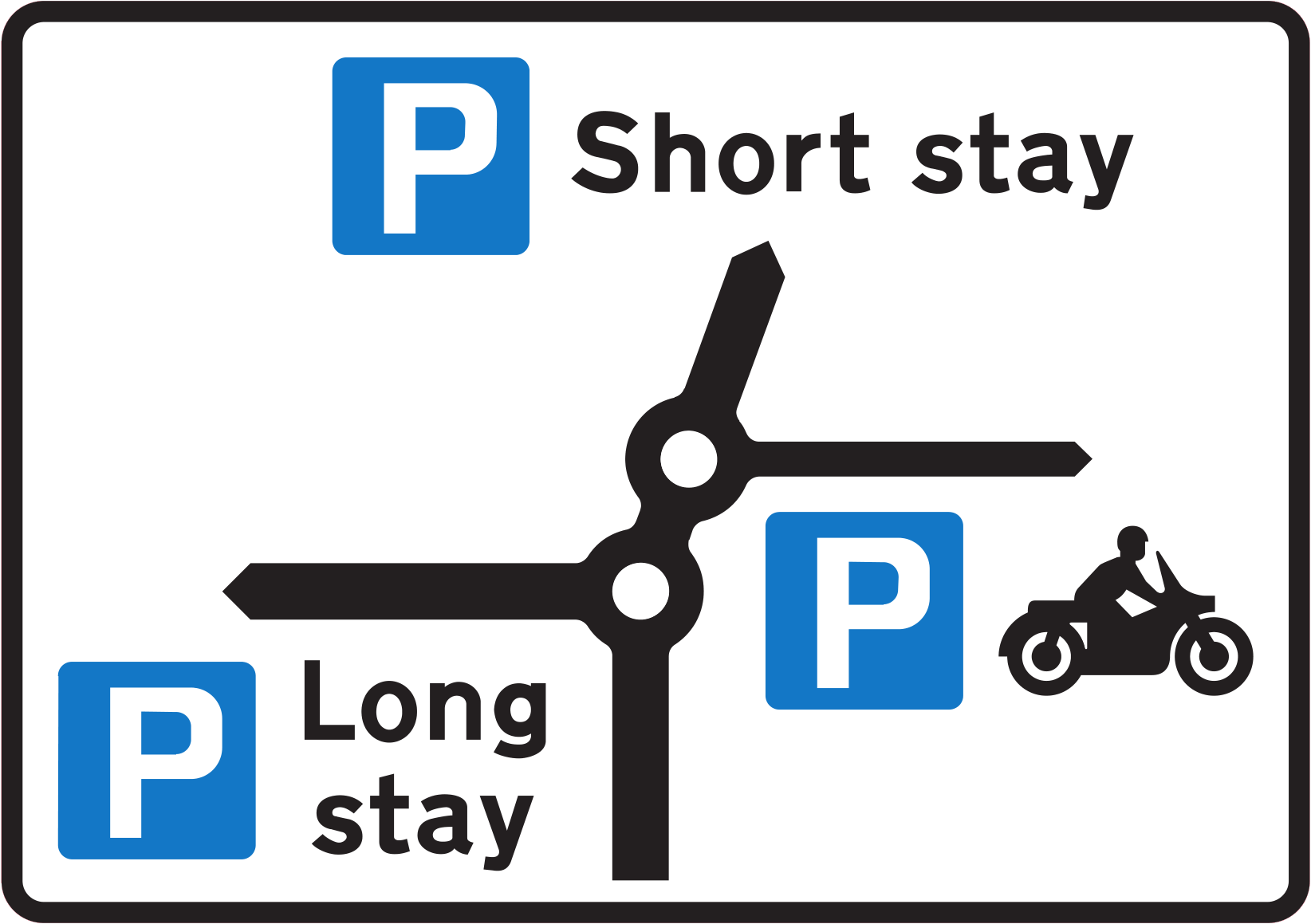 Routes to parking places from a double mini-roundabout sign - UK Road Sign