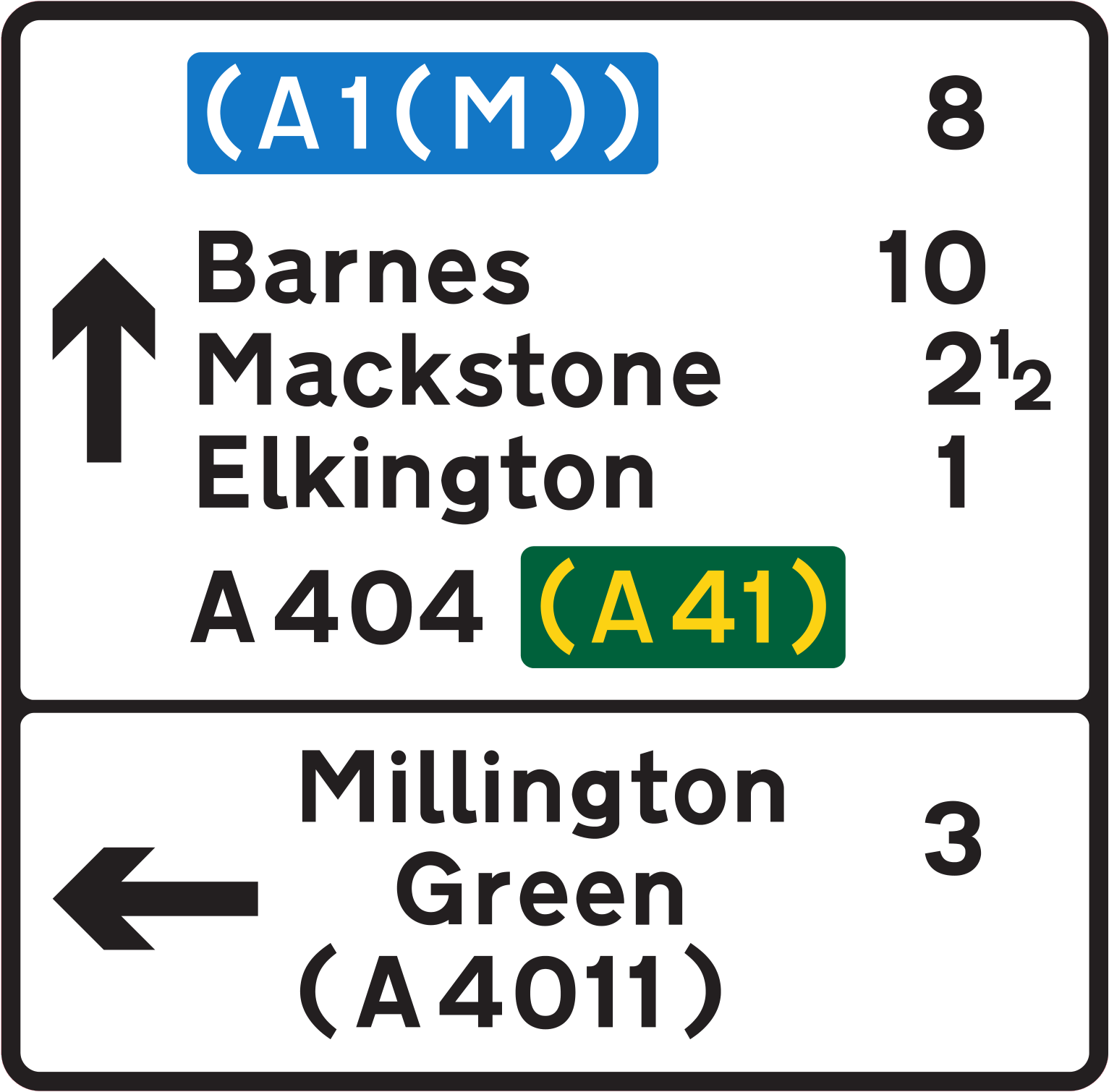 Direction sign showing distances to destinations sign - UK Road Sign