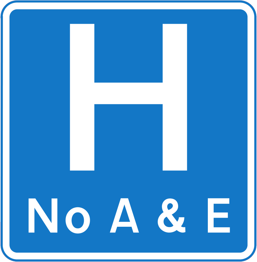 Hospitals without accident and emergency facilities sign - UK Road Sign