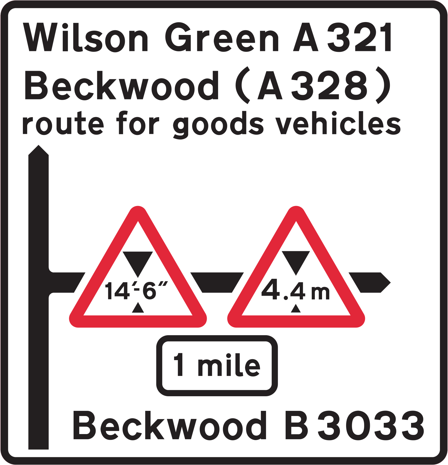 Directional sign with alternative route to avoid a low bridge sign - UK ...