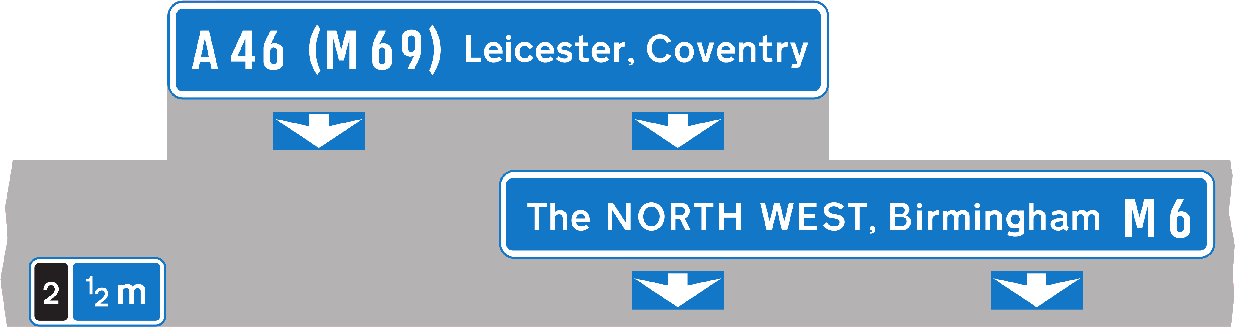 Overhead sign showing appropriate lanes for the different destinations ...