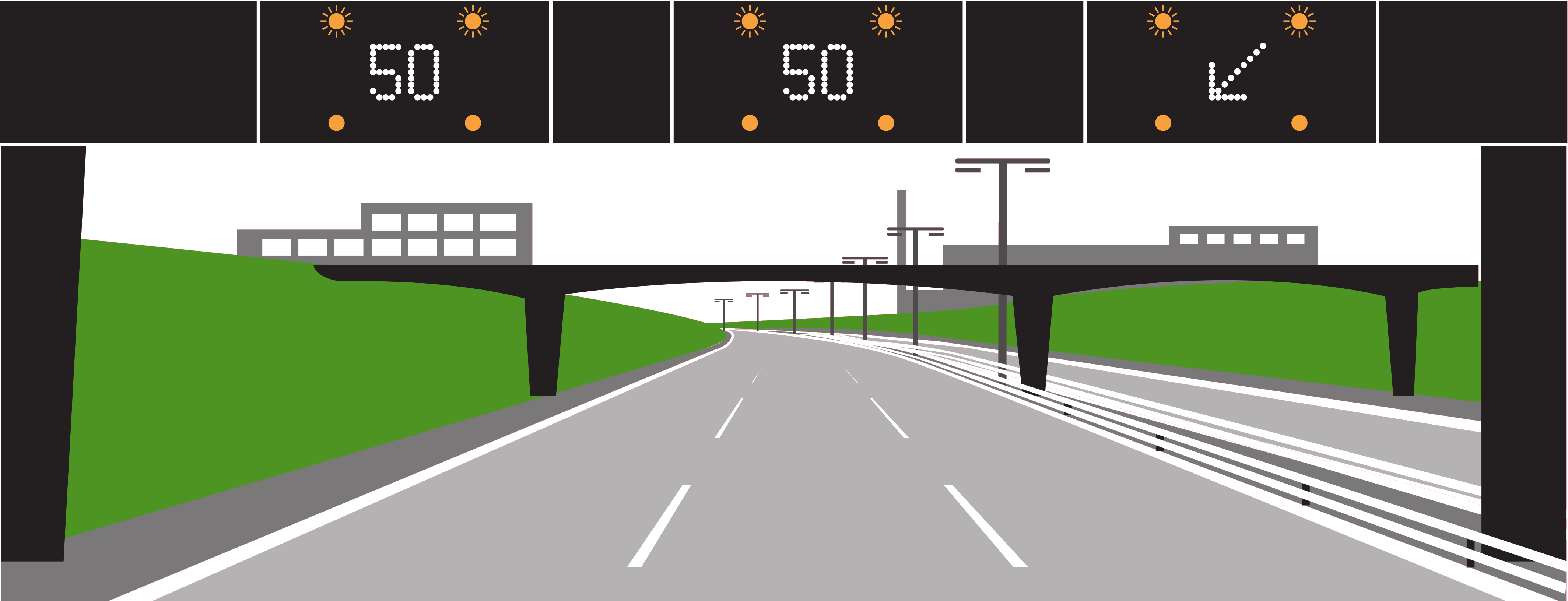 Signals and variable signs above each lane of the motorway sign - UK ...