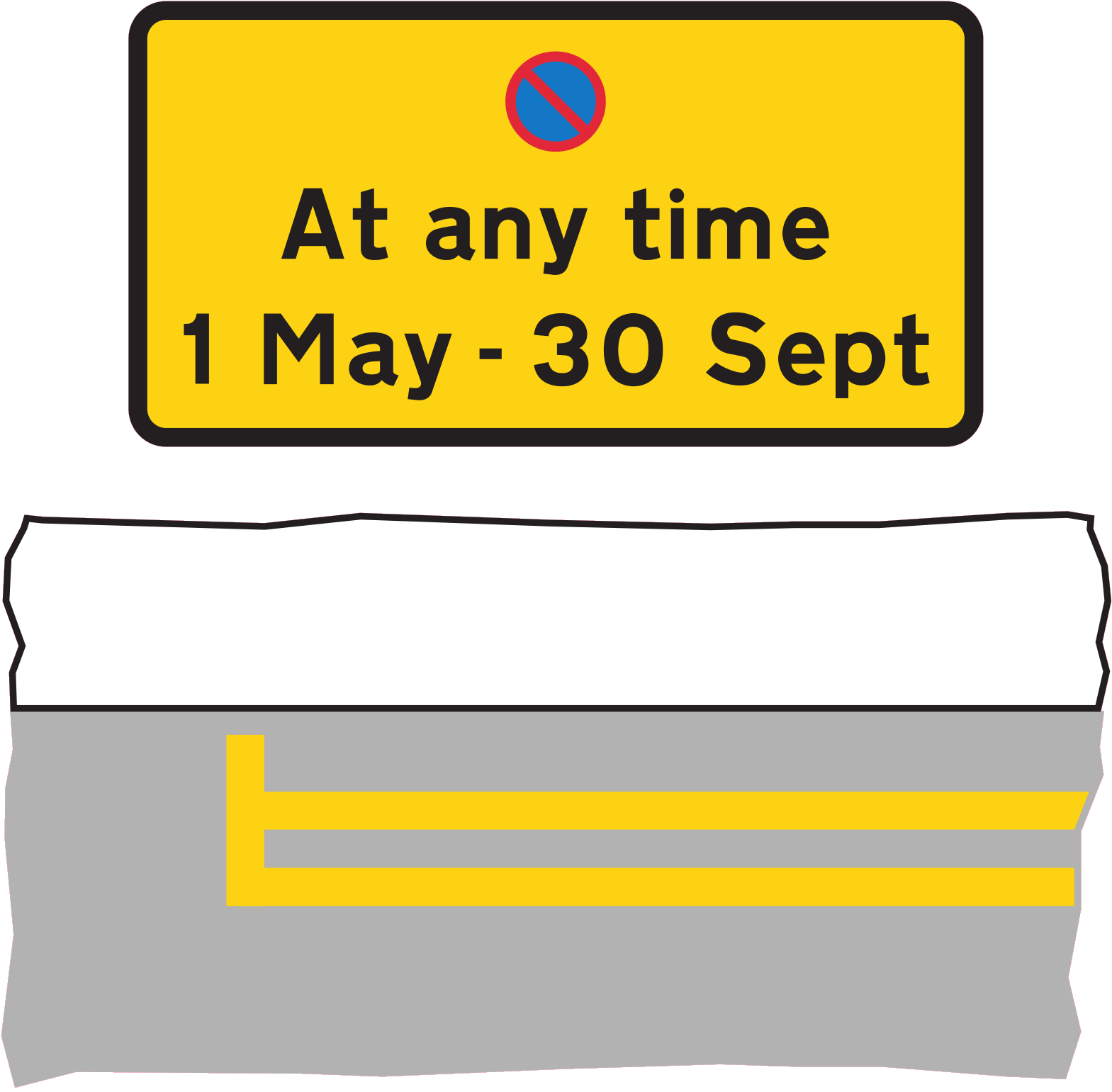 Waiting prohibited 24/7 between time period shown sign - UK Road Sign