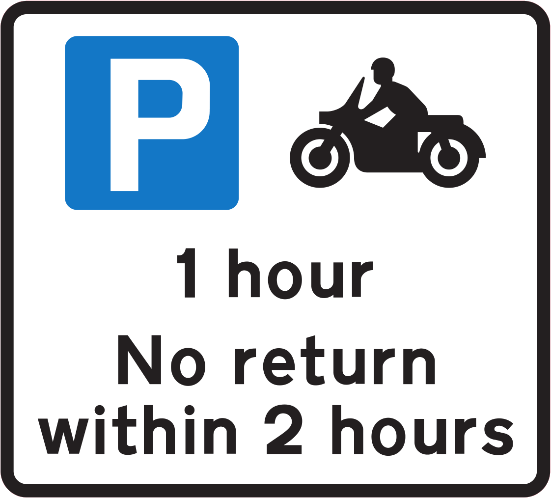 Free parking for solo motorcycles only (with restrictions) sign - UK ...