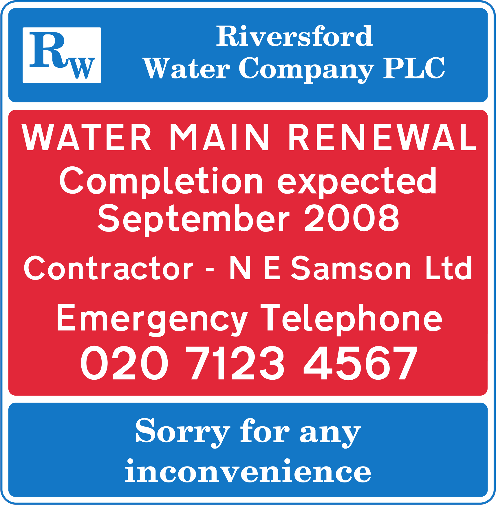 Information about street works, with an emergency telephone number sign ...