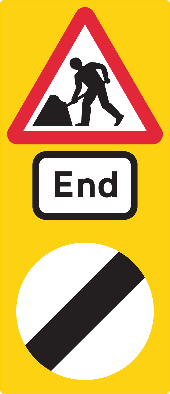 End of a temporary mandatory speed limit and end of road works sign ...