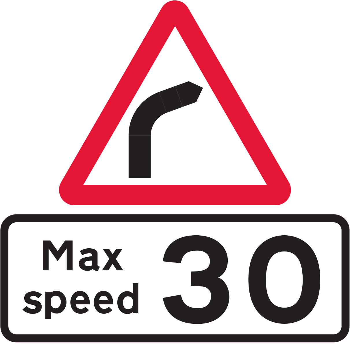 Maximum speed of 30 mph, at a bend sign - UK Road Sign